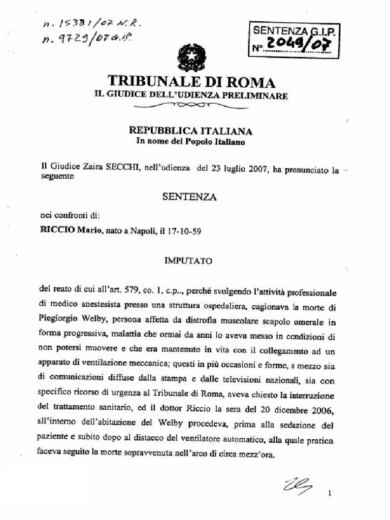 Sentenza Welby 17-10-2007 | PDF