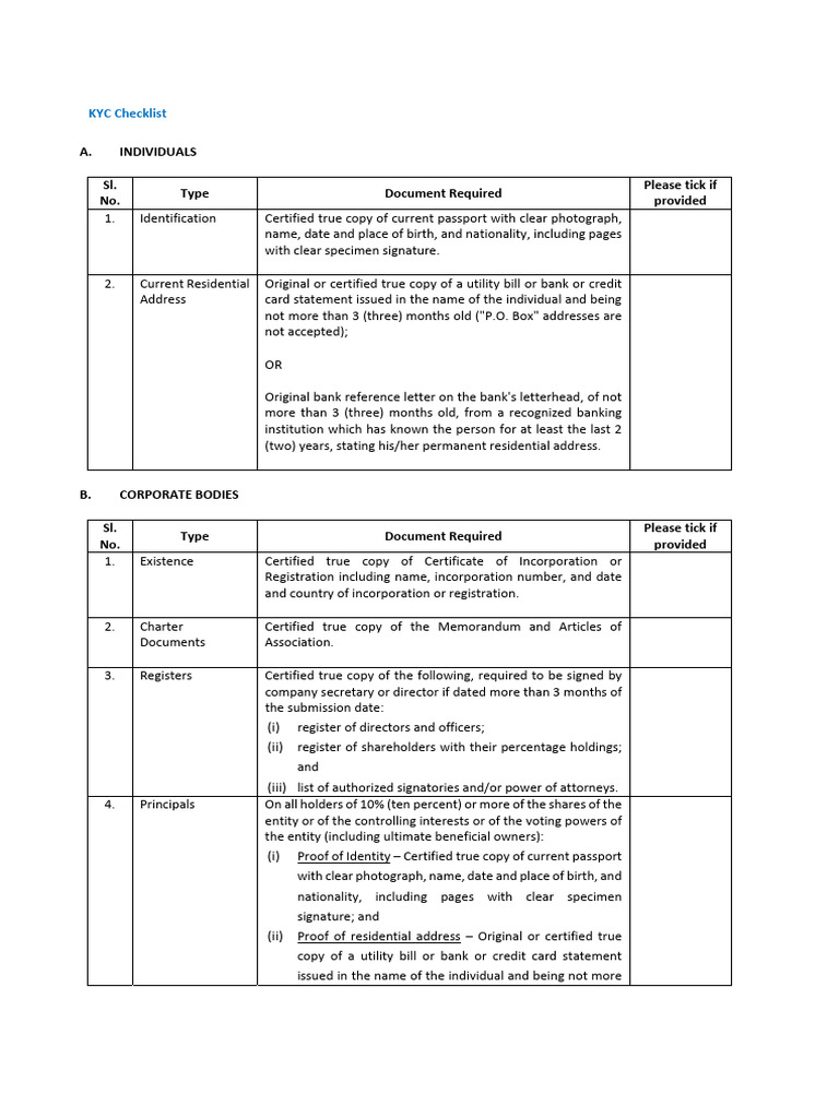 SG KYC Document Requirement Checklist | PDF | Identity Document ...