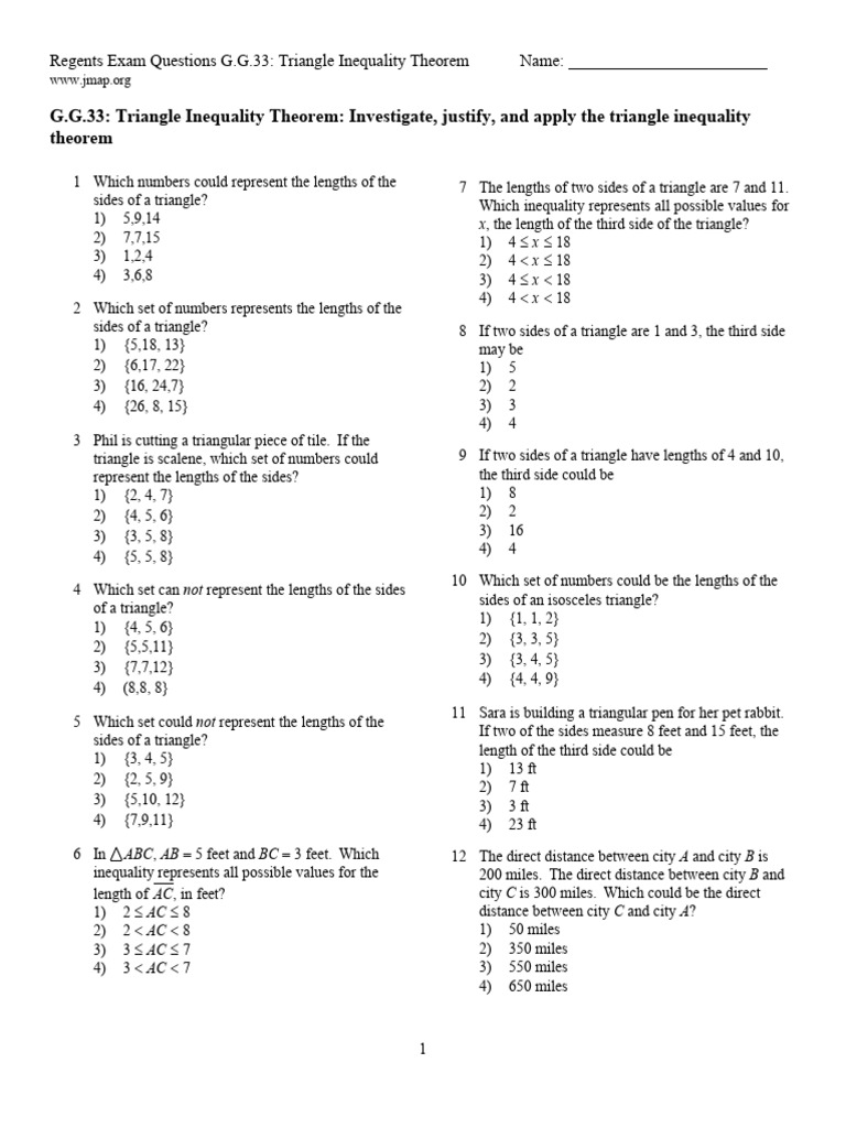 Triangle Inequality Theorem Exam Questions | PDF | Triangle ...