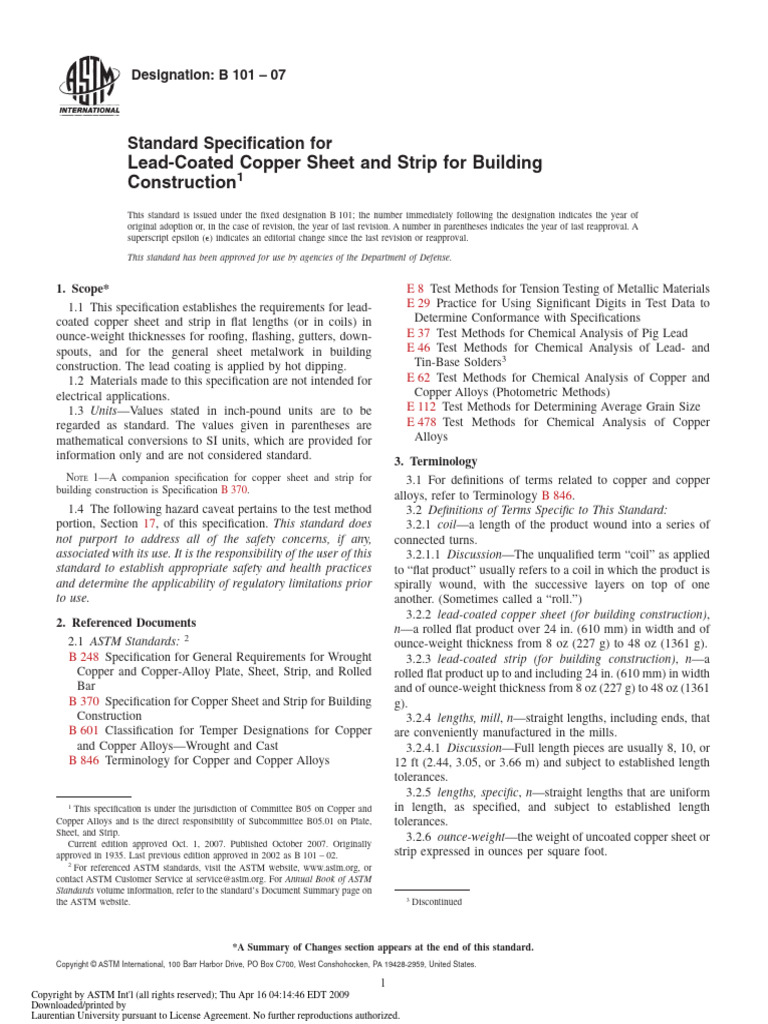 Astm B101 | PDF | Sheet Metal | Pascal (Unit)