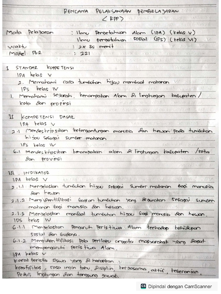RPP Tulis Tangan Punya Imam | PDF
