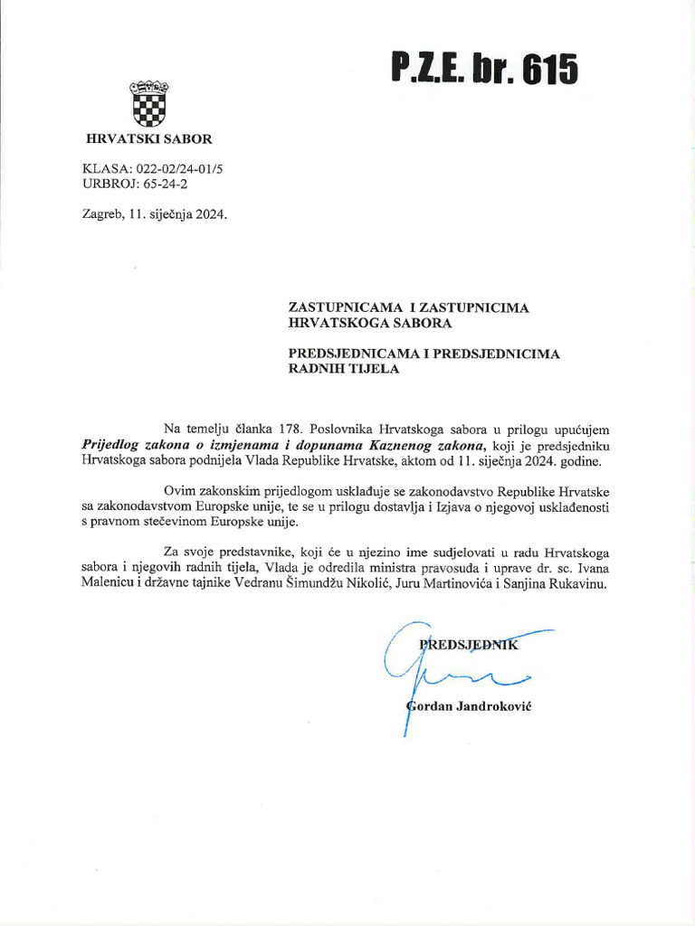 PZE - 615 Prijedlog Zakona o Izmjenama I Dopunama Kaznenog Zakona | PDF