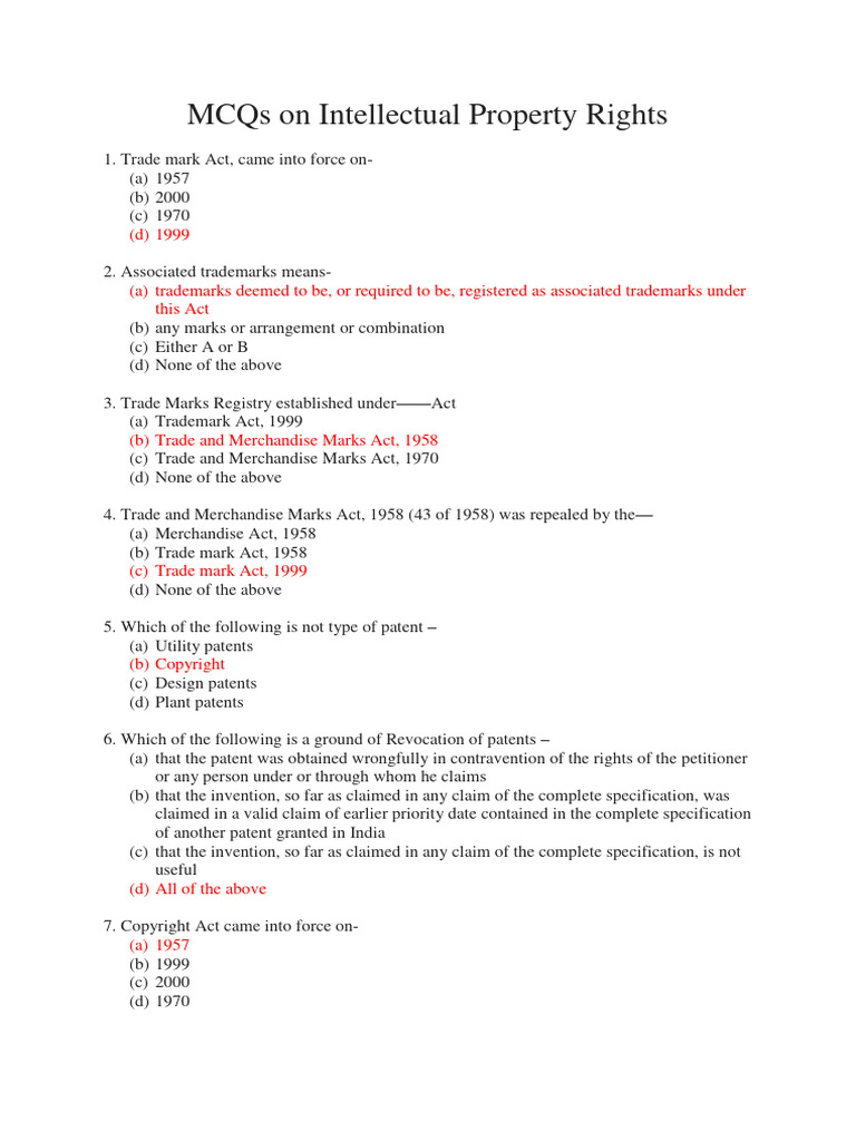 MCQs On Intellectual Property Rights Sol | PDF | Trademark | Patent