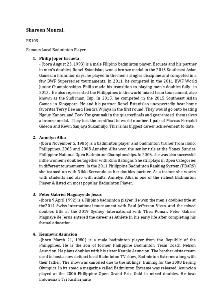 PE 10 Famous Badmenton Players | PDF | Sports