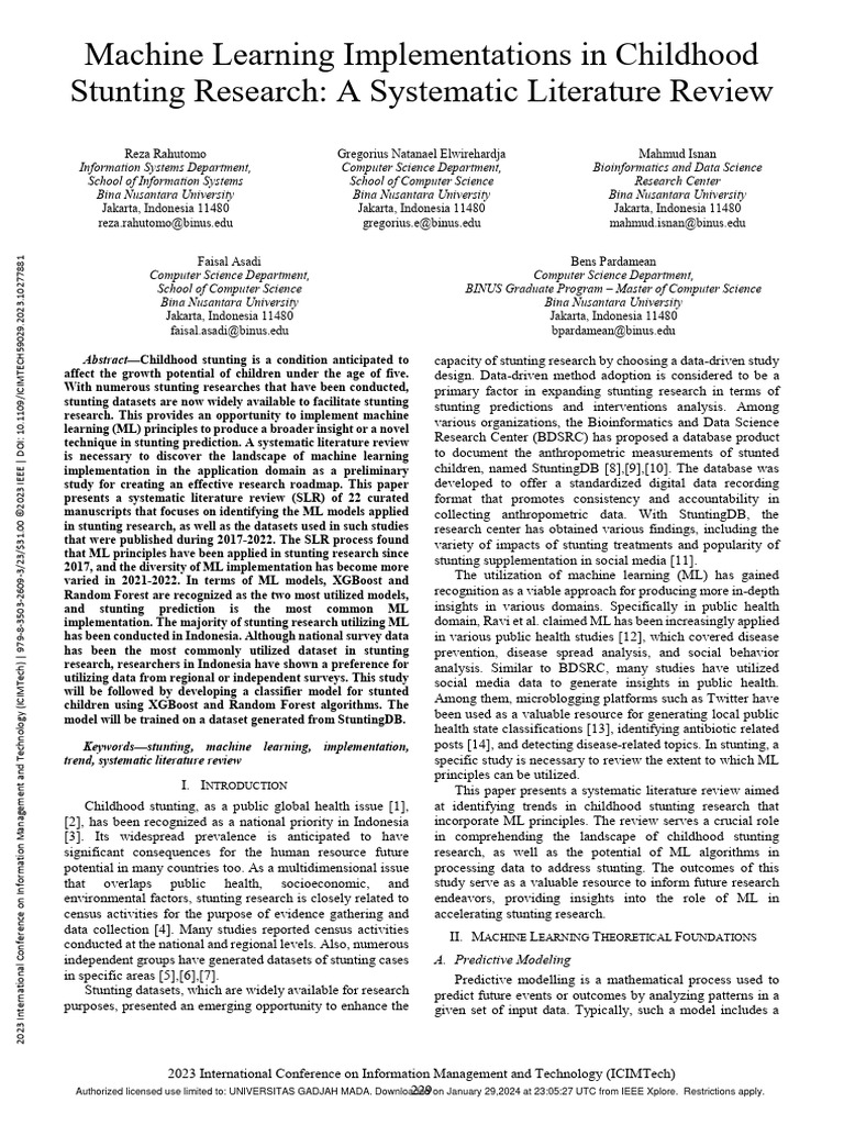 Machine Learning Implementations in Childhood Stunting Research A Systematic Literature Review ...