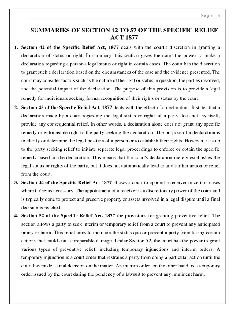 Specific Relief Act 1877: Sections 42-57 Summary | PDF | Injunction | Legal Remedy