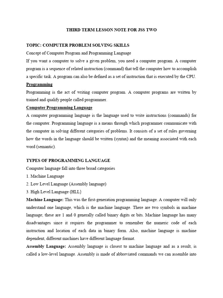 Third Term Lesson Note For JSS Two | PDF | Basic | Programming