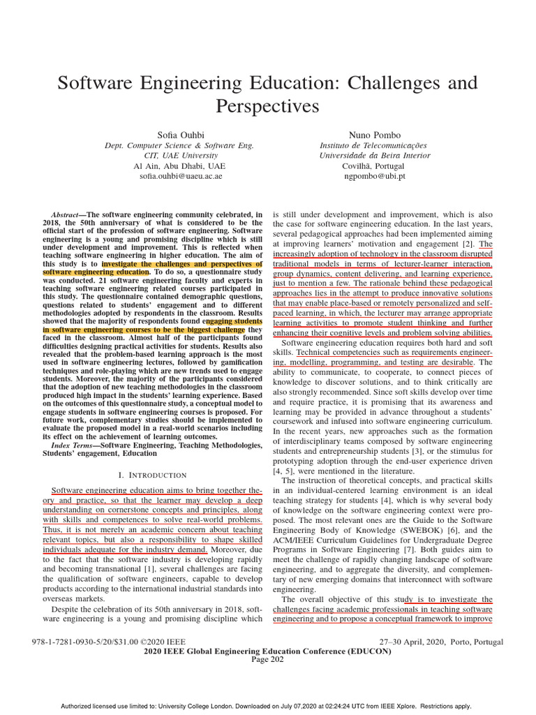 Software Engineering Education Challenges and Perspectives | PDF ...