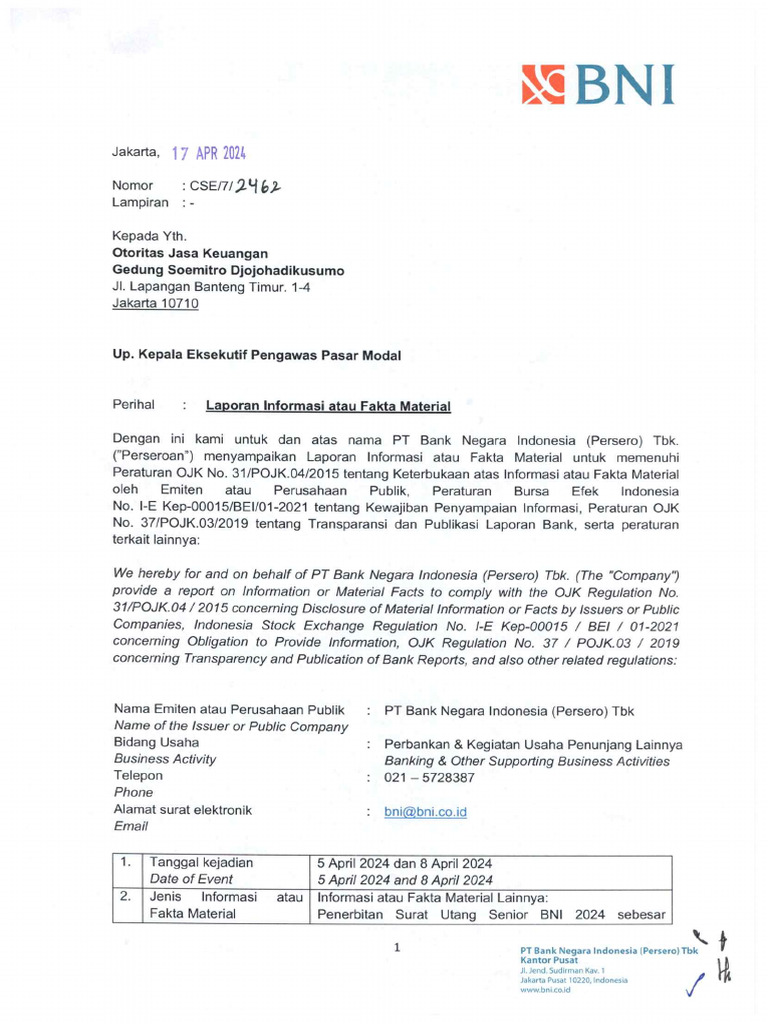 BBNI Laporan Informasi Atau Fakta Material | PDF