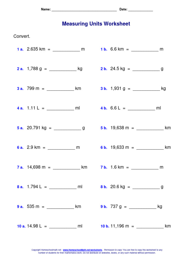 Measurement Units Worksheet | PDF | Document | Data Management