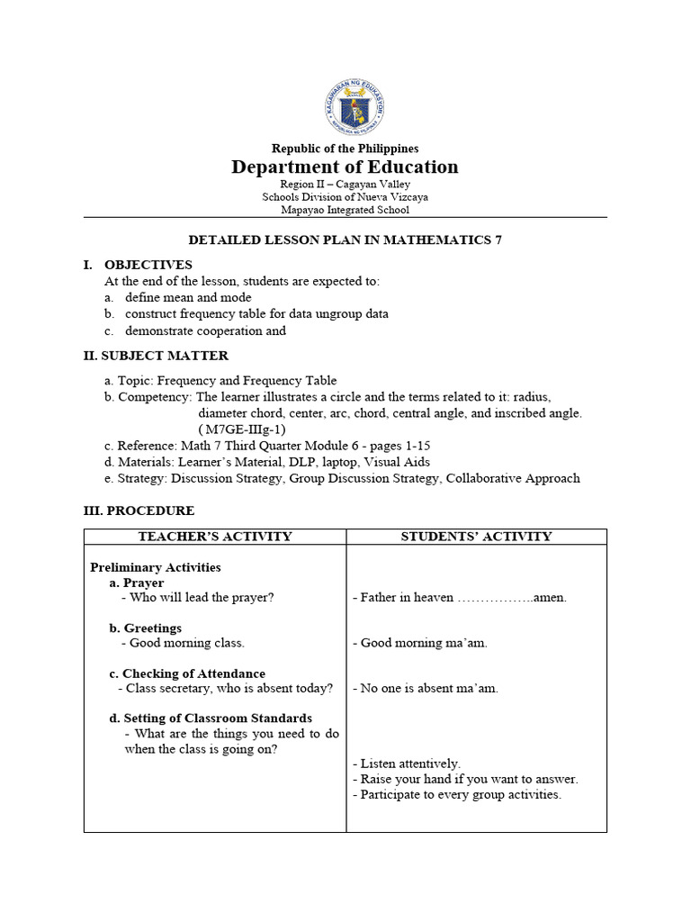 Detailed Lesson Plan in Mathematics 7 Data Gathering | PDF | Circle ...