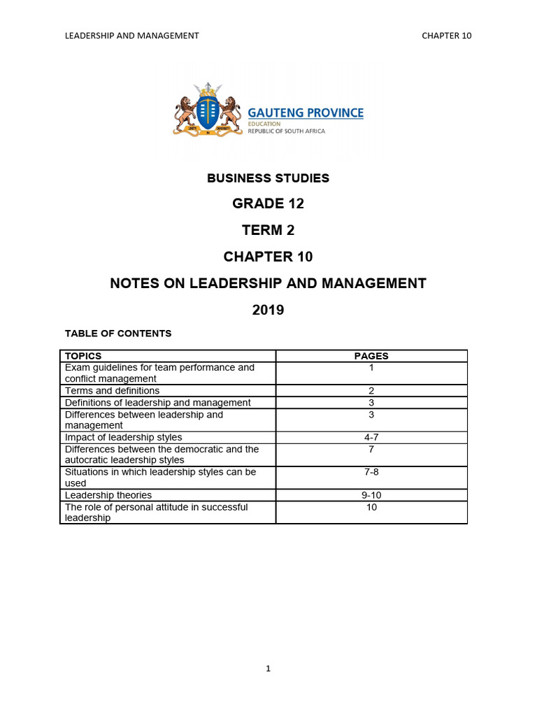 Chapter 10 Business Studies Grade 12 Notes On Leadership and Management ...
