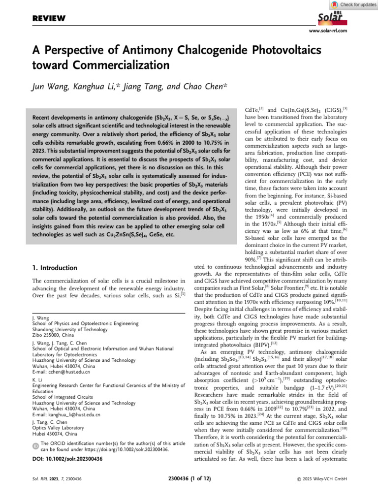 Antimony Chalcogenide Solar Cells Commercialization | PDF ...