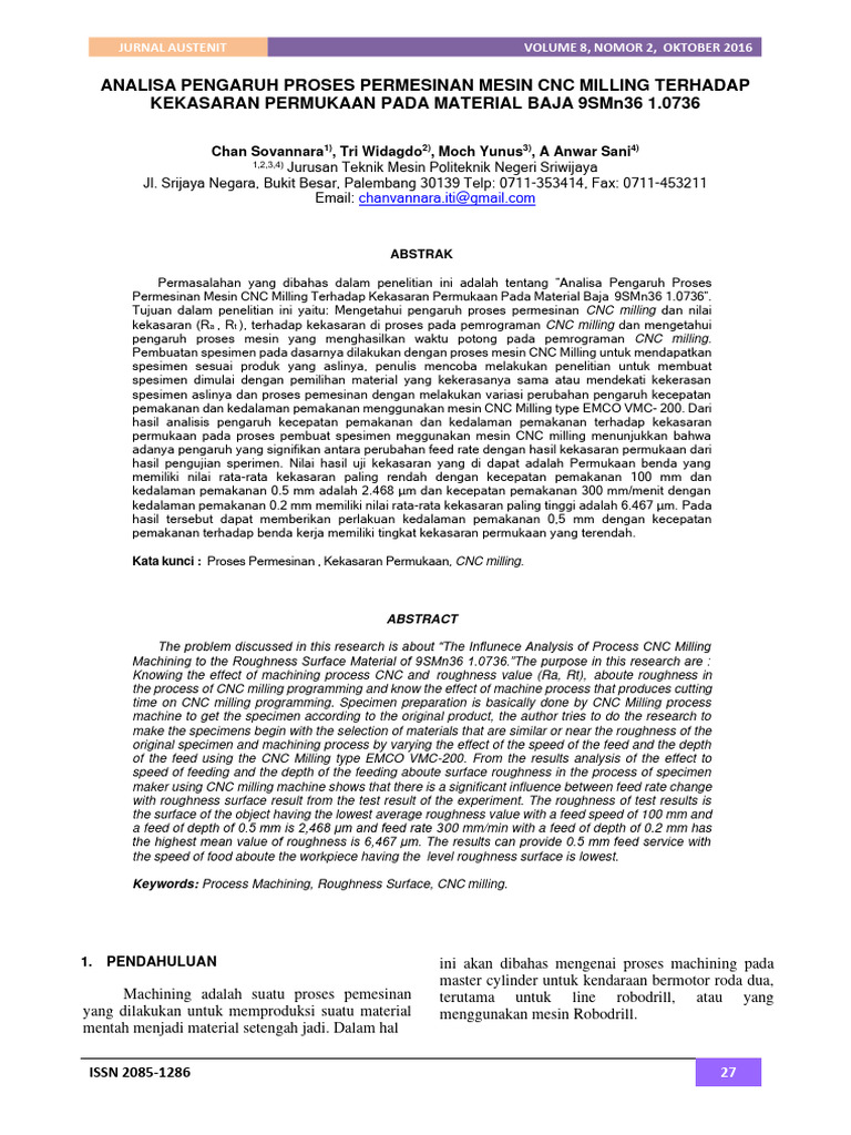 ANALISA PENGARUH PROSES PERMESINAN MESIN CNC MILLING TERHADAP KEKASARAN PERMUKAAN PADA MATERIAL ...