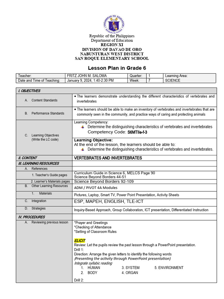 CO-science 6 Q2 - 2023-2024 | PDF | Learning | Invertebrate