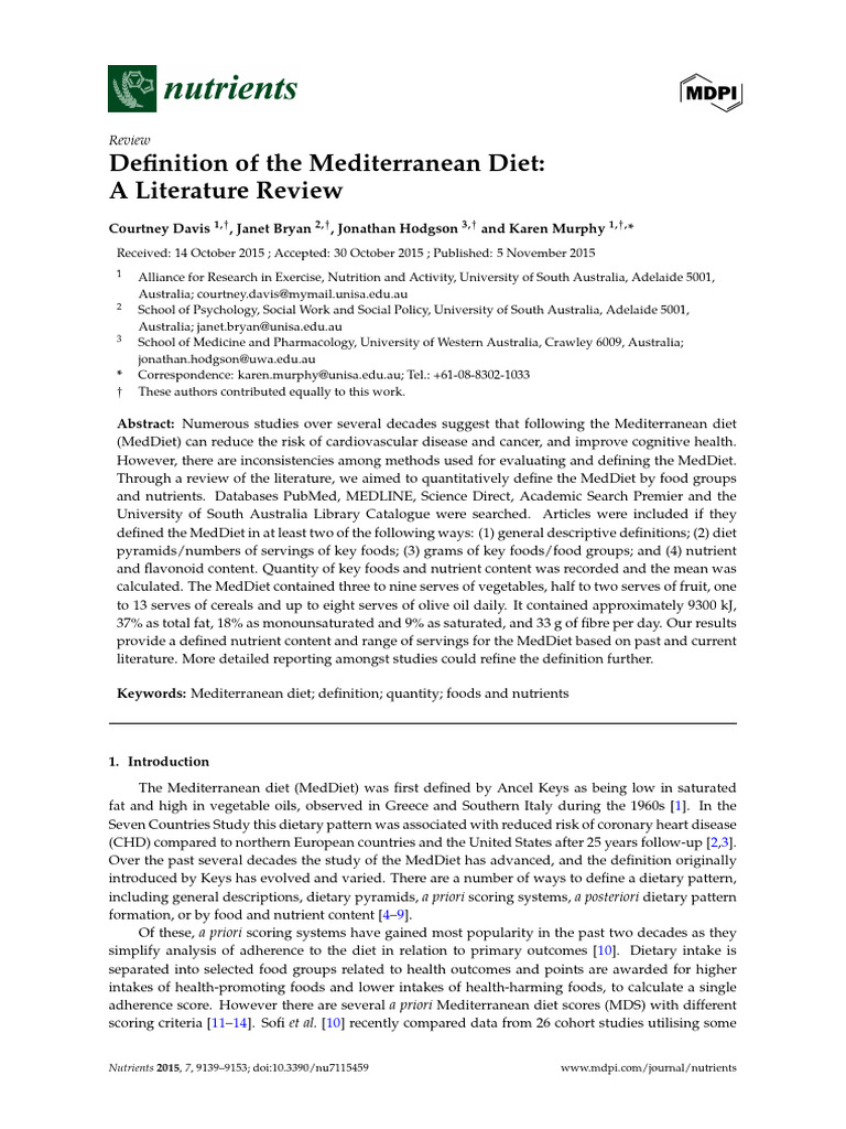 Definition of The Mediterranean Diet - A Literature Review | PDF | Fat ...