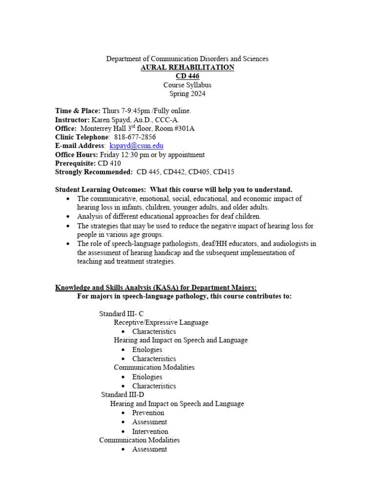 Spayd Karen Cd446 Spring 2024 Syllabus | PDF | Audiology