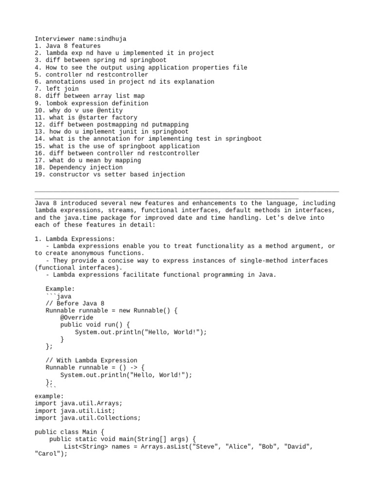 Interviewer Name Sindhuja | PDF | Anonymous Function | Spring Framework