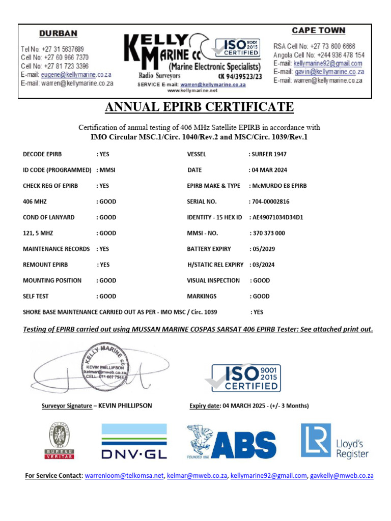 Annual EPIRB Certification for Surfer 1947 | PDF