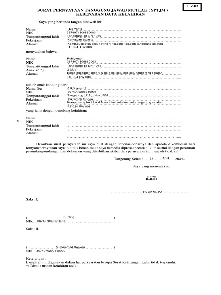 Form F-2.03 Akte-SPTJM Rubiyanto | PDF