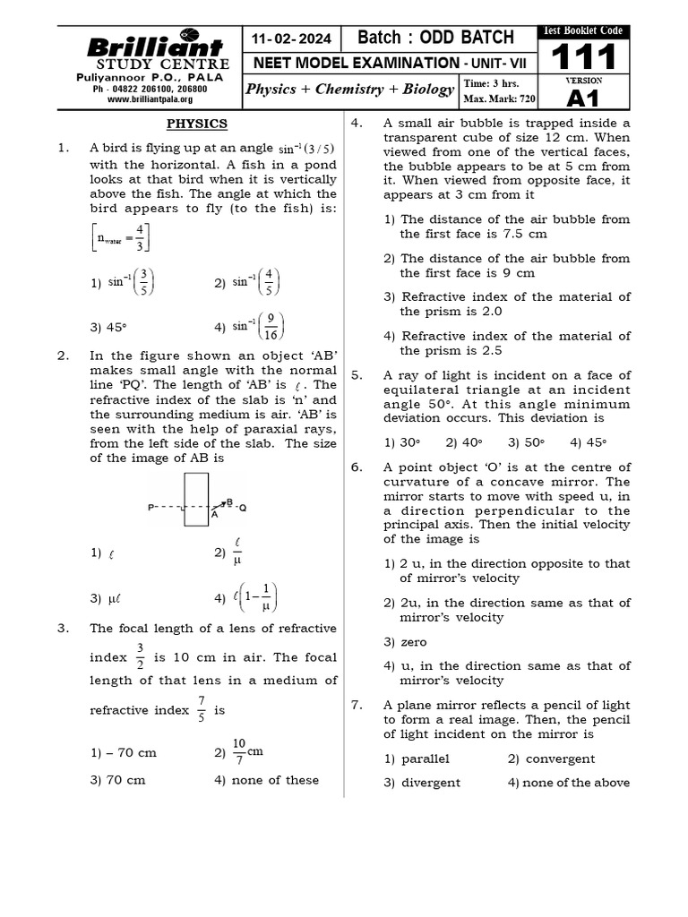 Neet Model Unit Vii 11 02 2024 [ft 24 Med Online Odd ] Pdf Diffraction Wavelength