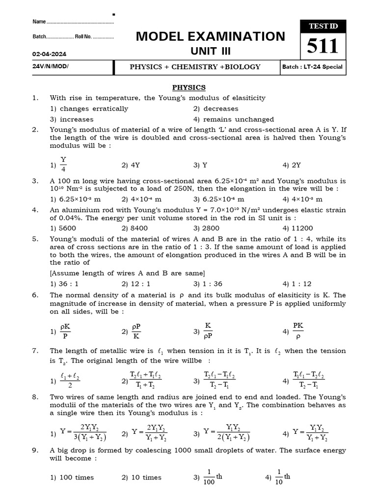 Physics Exam Questions | PDF | Chemical Equilibrium | Young's Modulus