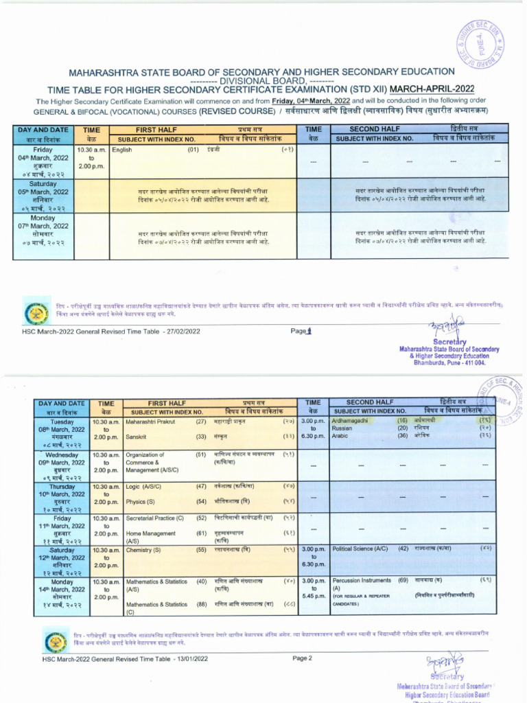 HSC Revised Time Table MAR APR 2022 | PDF