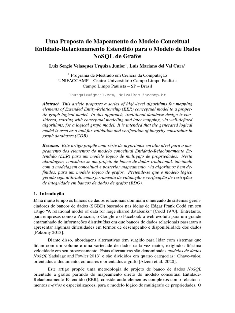 1 Uma Proposta de Mapeamento Do Modelo Conceitual | PDF | No SQL | Teoria dos Gráficos