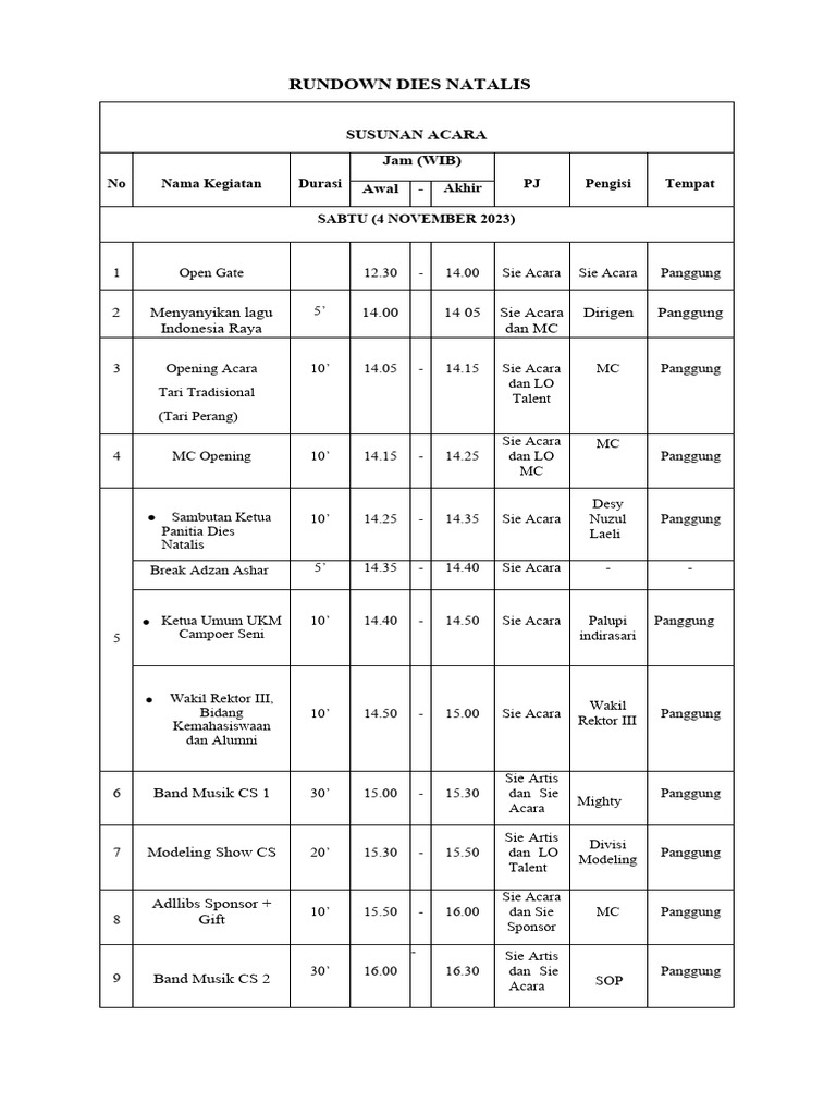 Rundown Acara Dies Natalis 2023 | PDF