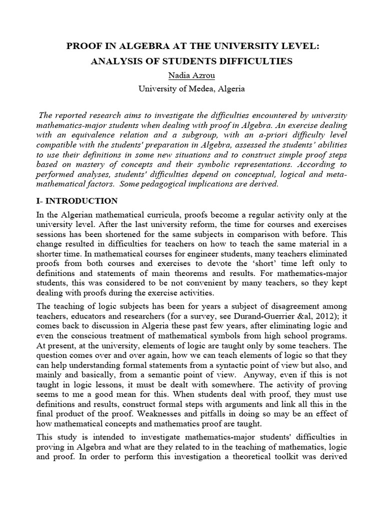 Nadia Azrou 2013 - PROOF IN ALGEBRA AT THE UNIVERSITY LEVEL - ANALYSIS OF STUDENTS DIFFICULTIES ...