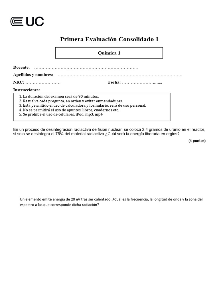 1ra Evaluación C1 y Solución | PDF | La energía nuclear | Desintegración radioactiva