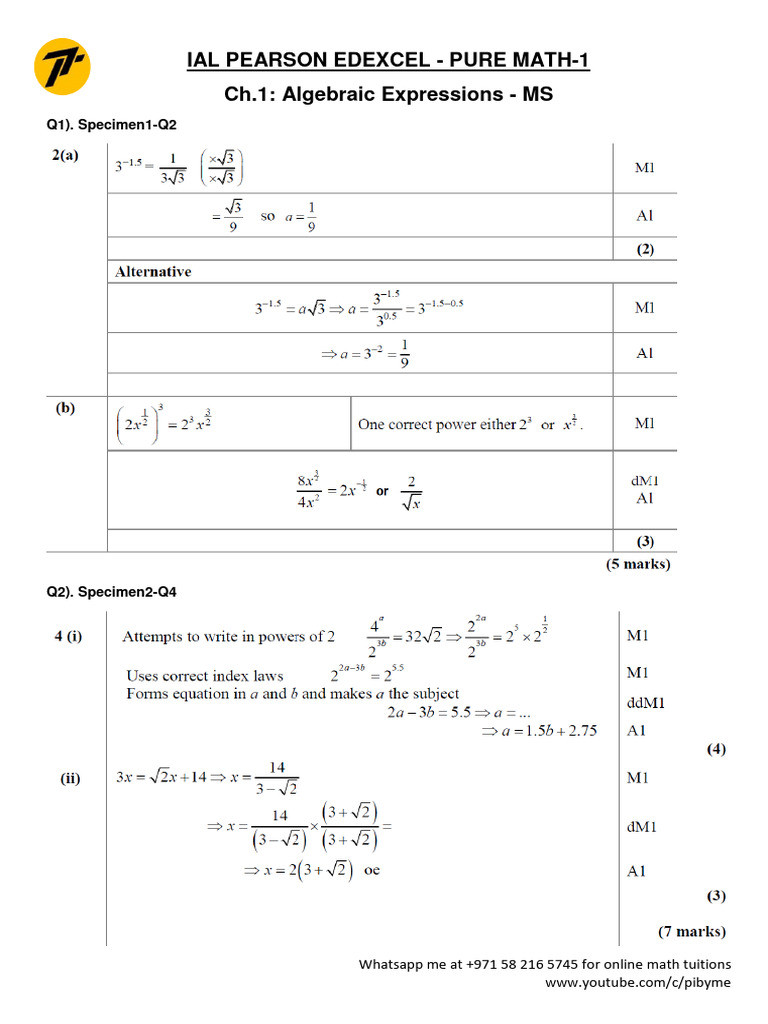 IAL Pure Math1 - CH1-Algebraic Expr - MS | PDF