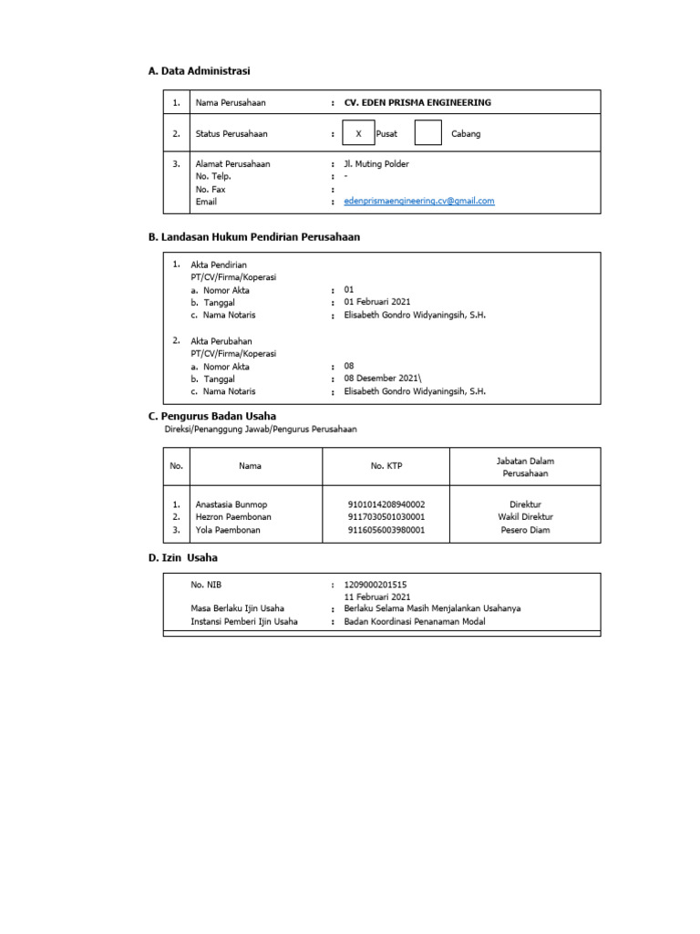 Isian Kualifikasi Cv. Eden Prisma | PDF