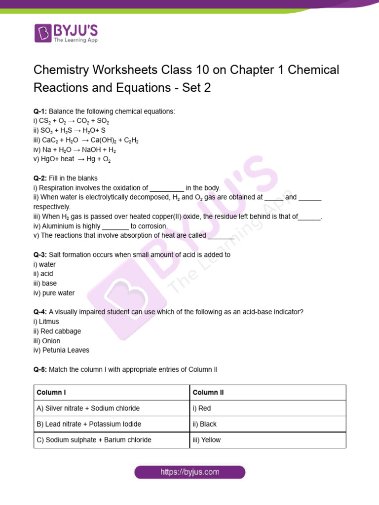 Class 10 Chemistry: Chemical Reactions Worksheet | PDF | Sodium ...