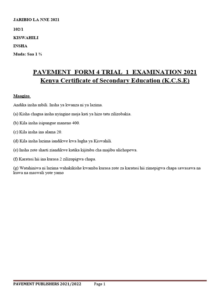2022 Pavement F4 Kiswahili PP1 F4 Maswali | PDF