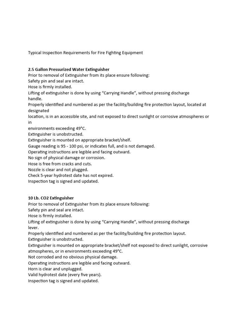 Typical Inspection Requirements For Fire Fighting Equipment | PDF ...