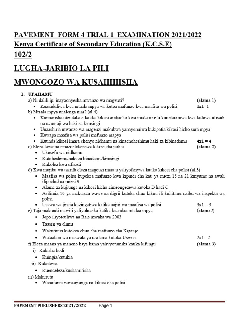 2022 Pavement F4 Kiswahili PP2 F4 Majibu | PDF