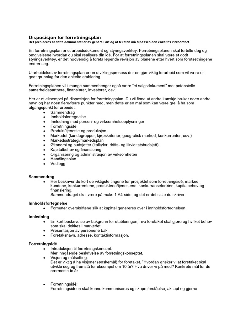 Disposisjon Forretningsplan | PDF