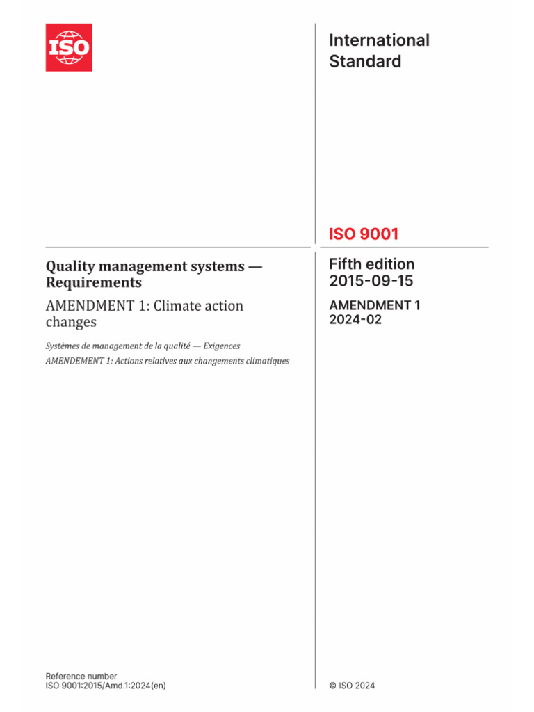 ISO 9001 - 2015 AMD 1 - 2024 - Quality Management Systems - Requirements AMENDMENT 1 | PDF
