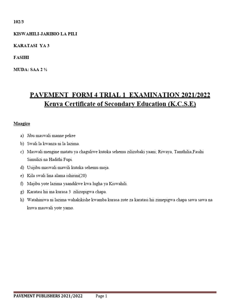 2022 Pavement F4 Kiswahili PP3 F4 Maswali | PDF