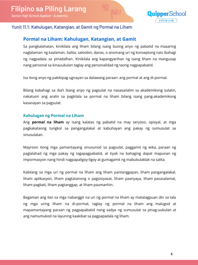 Pormal Na Liham - Kahulugan, Katangian, at Gamit | PDF