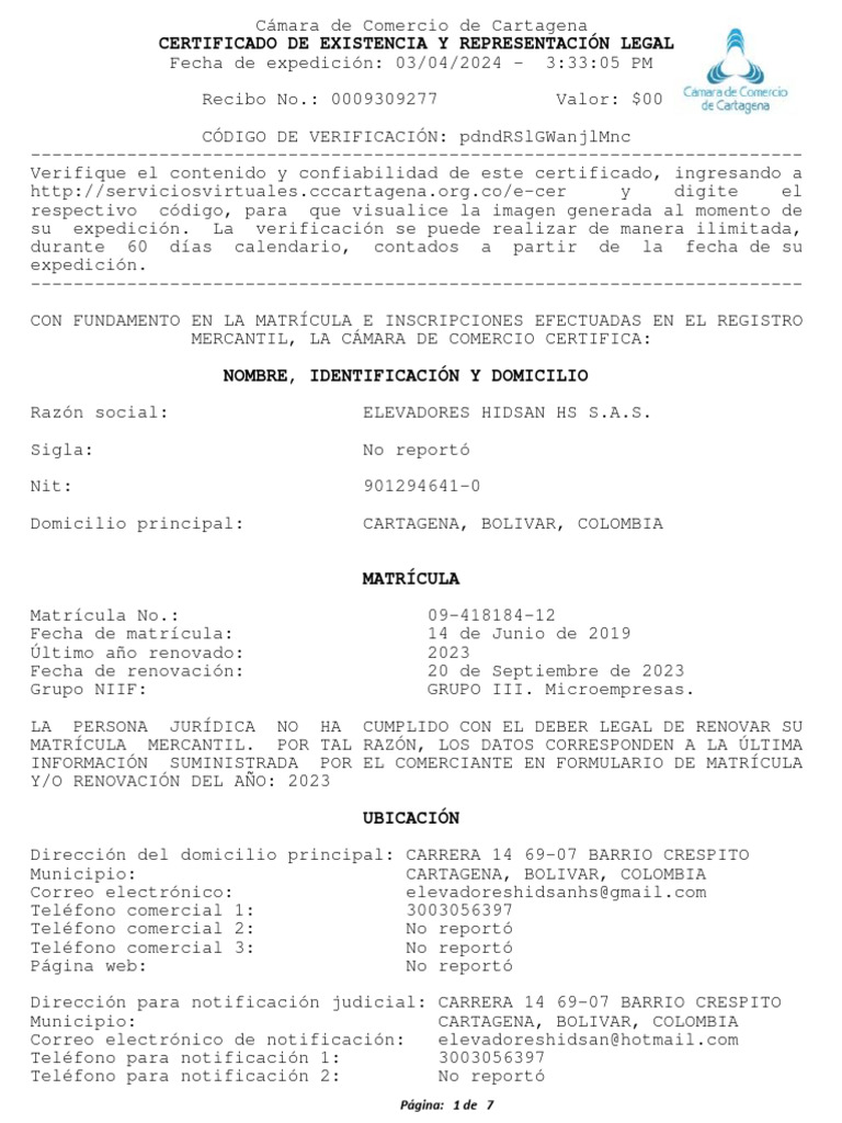 CC Elevadores | PDF | Sociedad de responsabilidad limitada | Cámara de Comercio