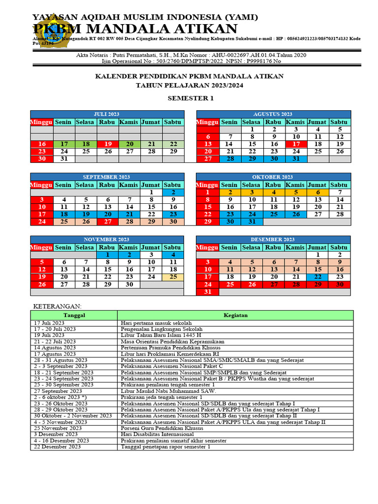 Kalender Pendidikan PKBM Mandala Atikan Tahun Pelajaran 2023-2024 | PDF