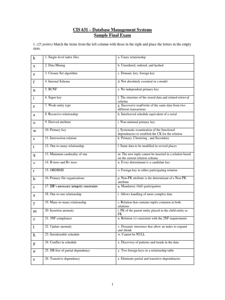 CIS 631 Database Management Systems Sample Final Exam | PDF | Database ... CIS 631 Database Management Systems Sample Final Exam | PDF | Database ...