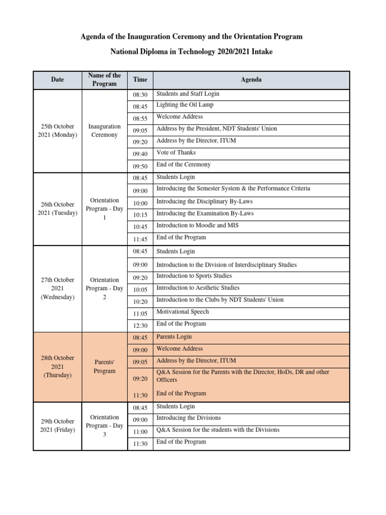 Agenda of The Inauguration Ceremony and The Orientation Program - NDT 20-21 Batch | PDF