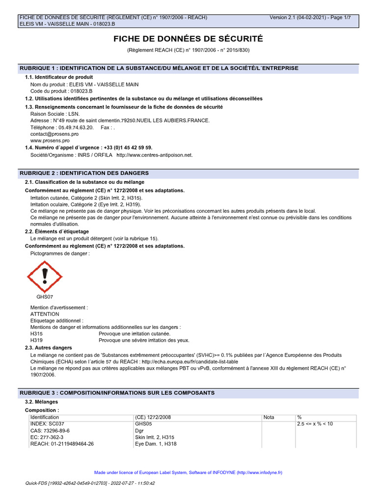 Fiche de Données de Sécurité: Rubrique 1: Identification de La ...