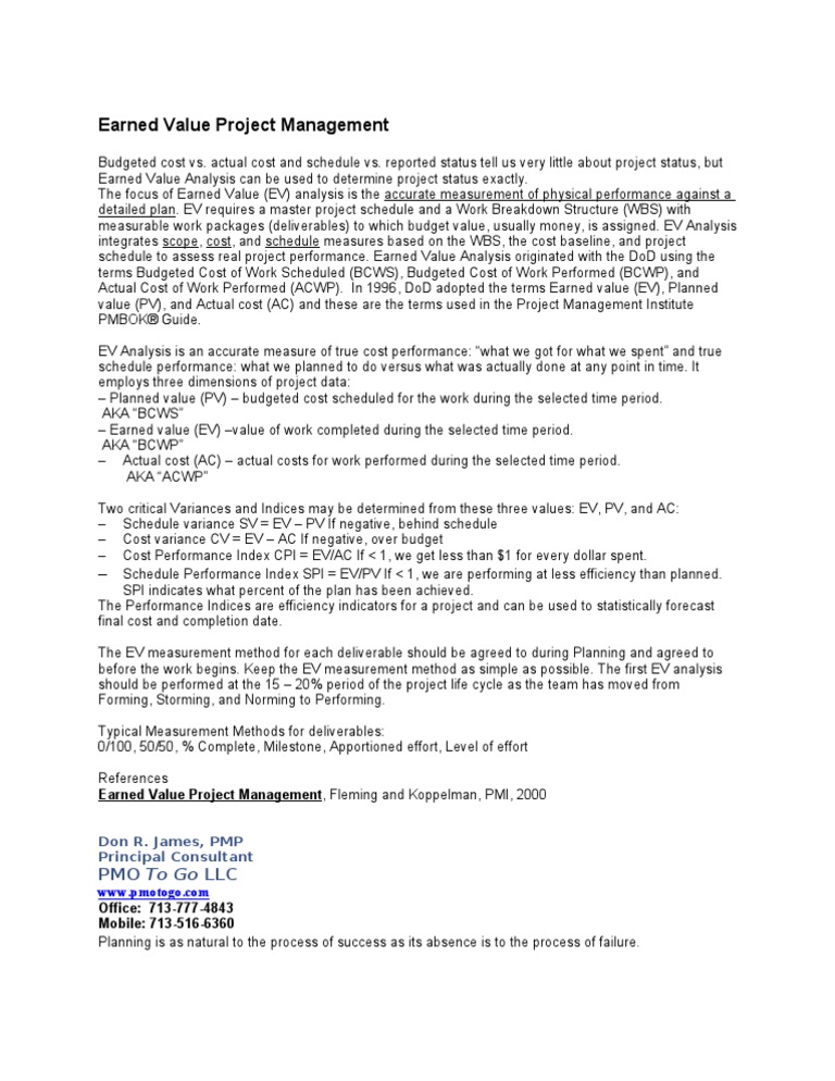 Earned Value Project Management Pdf Project Management Production