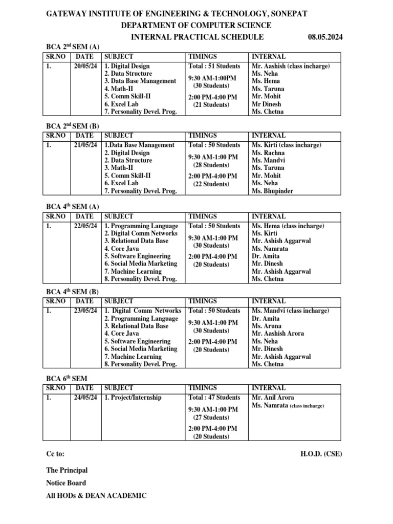 Internal Practical Schedule May 2024 - Bca | PDF | Software Development | Engineering