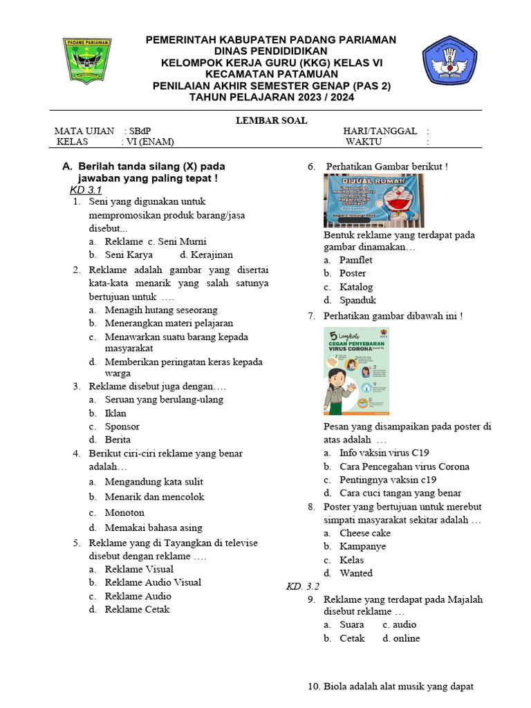 Soal Pas 2 SBDP | PDF | Seni