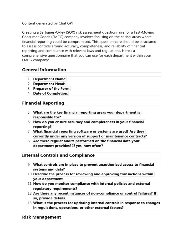 SOX Risk Assessment Questionnaire Example | PDF | Internal Control ...